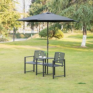 Outsunny Tete-a-Tete Outdoor Bench with Center Table & Umbrella Hole, Garden Bench for 2-Person, Metal Frame Patio Loveseat with Armrest, Slatted Backrest and Seat, Black