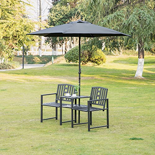 Outsunny Tete-a-Tete Outdoor Bench with Center Table & Umbrella Hole, Garden Bench for 2-Person, Metal Frame Patio Loveseat with Armrest, Slatted Backrest and Seat, Black