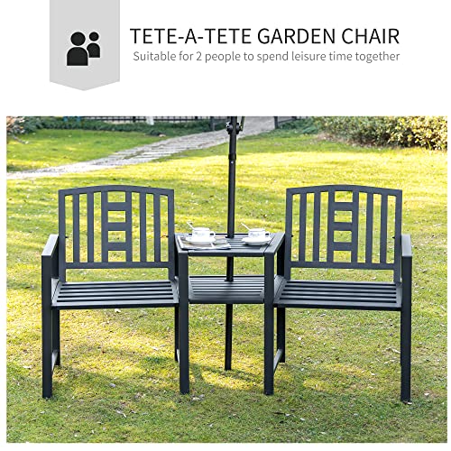 Outsunny Tete-a-Tete Outdoor Bench with Center Table & Umbrella Hole, Garden Bench for 2-Person, Metal Frame Patio Loveseat with Armrest, Slatted Backrest and Seat, Black