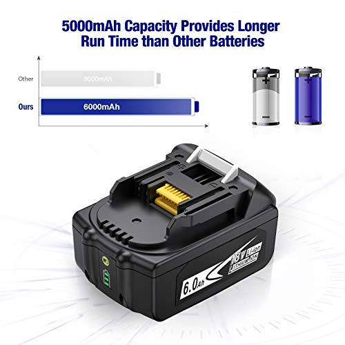 Upgraded 6.0Ah Lithium-Ion Battery Replace for Makita 18v Battery, Compatible with Makita 18volt Power Tools BL1860B BL1860 BL1850 BL1850B BL1840 BL1840B BL1830 BL1830B BL1815 BL1815B LXT-400, 2 Pack