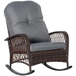 outsunny outdoor wicker rocking chair with wide seat, thick, soft cushion, rattan rocker w/steel frame, high weight capacity for patio, garden, backyard, grey