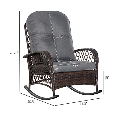 Outsunny Outdoor Wicker Rocking Chair with Wide Seat, Thick, Soft Cushion, Rattan Rocker w/Steel Frame, High Weight Capacity for Patio, Garden, Backyard, Grey