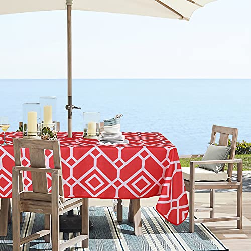 LUSHVIDA Moroccan Outdoor Tablecloth with Umbrella Hole and Zipper, 60 x 102 Inch Red, Rectangle Waterproof Wrinkle Free Table Cloth Decorative Fabric Washable Table Cover for Patio, Party, Picnic