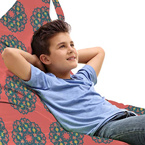 Ambesonne Geometric Lounger Chair Bag, Floral Themed Illustration in Retro Design, High Capacity Storage with Handle Container, Lounger Size, Salmon Dark Teal