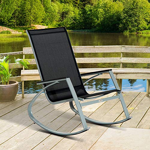 Outsunny Outdoor Modern Front Porch Patio Rocking Sling Chair - Black/Silver