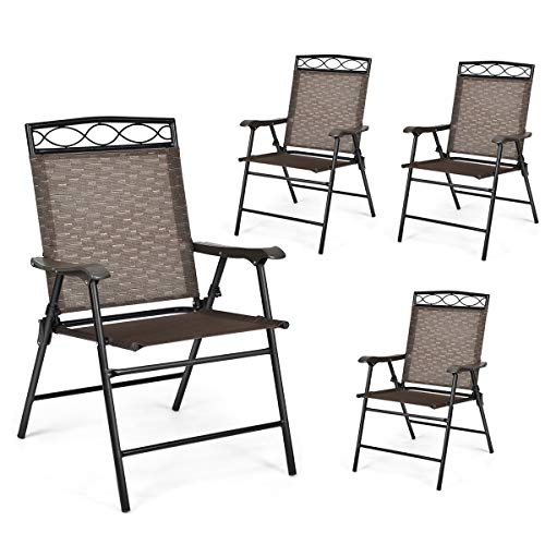 Safstar Set of 4 Folding Patio Chairs, Portable Sling Chairs with Armrests and Metal Frame, Indoor & Outdoor Reclining Chairs for Beach Backyard Balcony (Coffee 4 pcs)