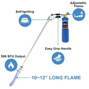 BLUEFIRE 35" long Propane Torch Weed Burner Self Igniting Cord Free Flamethrower Weed Torch Propane Burner for Yards, Lawns, Garden Work, BBQ Pits, Ice Melting