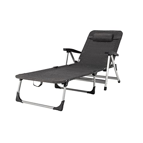 GYMAX Lounge Chairs for Outside, Tri-fold Chaise Lounge with 7 Level Adjustable Backrest, Cup Holder, Headrest & Carry Handle, Portable Beach Tanning Layout Chair for Patio, Poolside, Lawn (1, Grey)