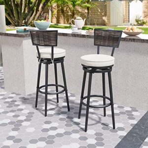 TOP HOME SPACE Patio Swivel Bar Stools Set of 2, Outdoor Bar Height Chairs Metal All Weather Garden Furniture Armless Chair with Rattan Back for Deck Porch Backyard