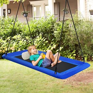 Costzon 700lb Giant 60'' Platform Saucer Tree Swing Set for Kids and Adult, Wear- Resistant Indoor/Outdoor Rectangle Swing w/Durable Steel Frame and 2 Hanging Straps for Porch, Backyard (Blue)