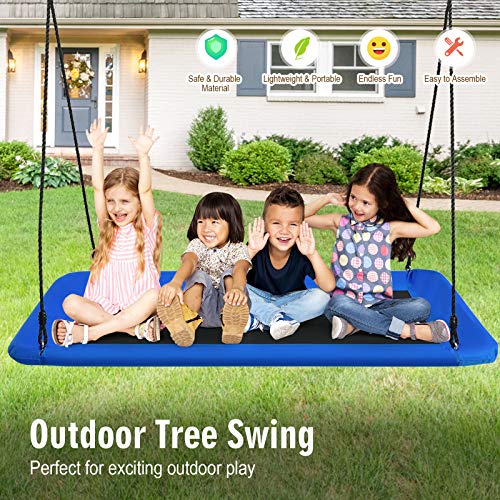 Costzon 700lb Giant 60'' Platform Saucer Tree Swing Set for Kids and Adult, Wear- Resistant Indoor/Outdoor Rectangle Swing w/Durable Steel Frame and 2 Hanging Straps for Porch, Backyard (Blue)