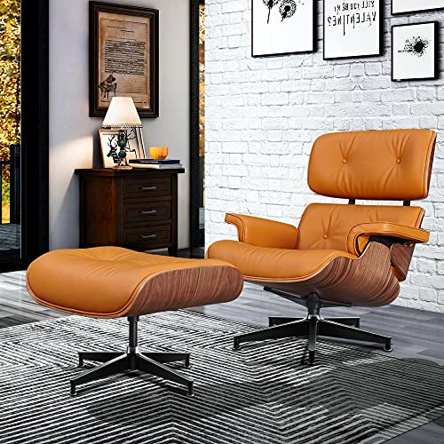 Taller Size Lounge Chair with Ottoman, Mid Century Lounge Chair with 8-Layer Solid Wood and Heavy Duty Aluminum Base for Living Room Study Lounge (Walnut and Orange)