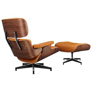 Taller Size Lounge Chair with Ottoman, Mid Century Lounge Chair with 8-Layer Solid Wood and Heavy Duty Aluminum Base for Living Room Study Lounge (Walnut and Orange)