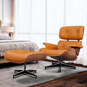 Taller Size Lounge Chair with Ottoman, Mid Century Lounge Chair with 8-Layer Solid Wood and Heavy Duty Aluminum Base for Living Room Study Lounge (Walnut and Orange)