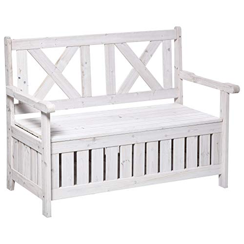 Outsunny 29 Gallon Garden Storage Bench with Wooden Frame, Large Entryway Deck Box w/Unique X-Shape Back, Louvered Side Panels for Patio, Garden, Deck, Porch & Balcony, White