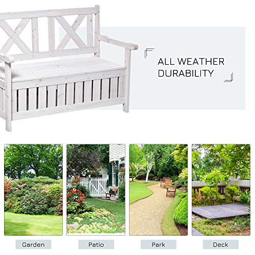 Outsunny 29 Gallon Garden Storage Bench with Wooden Frame, Large Entryway Deck Box w/Unique X-Shape Back, Louvered Side Panels for Patio, Garden, Deck, Porch & Balcony, White