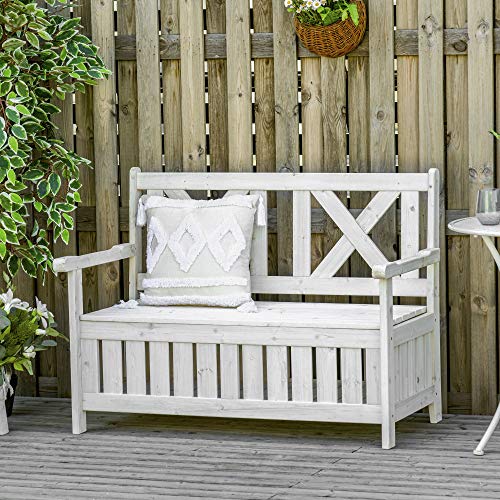 Outsunny 29 Gallon Garden Storage Bench with Wooden Frame, Large Entryway Deck Box w/Unique X-Shape Back, Louvered Side Panels for Patio, Garden, Deck, Porch & Balcony, White