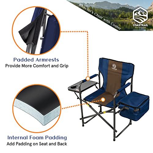 Coastrail Outdoor Folding Directors Chair with Cooler Camping Chair Portable with Side Table, Aluminum Heavy Duty for Picnic, Patio, Lawn, Garden, Support 400 lbs