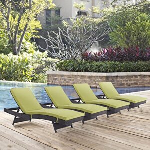 Modway Convene Wicker Rattan Outdoor Patio Chaise Lounge Chairs in Espresso Peridot - Set of 4