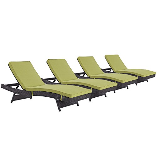 Modway Convene Wicker Rattan Outdoor Patio Chaise Lounge Chairs in Espresso Peridot - Set of 4