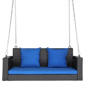 outvita porch swing 2 person hanging bench, wicker outdoor swing bench with cushion and pillow for patio, yard, garden hold up to 800 lbs (blue)