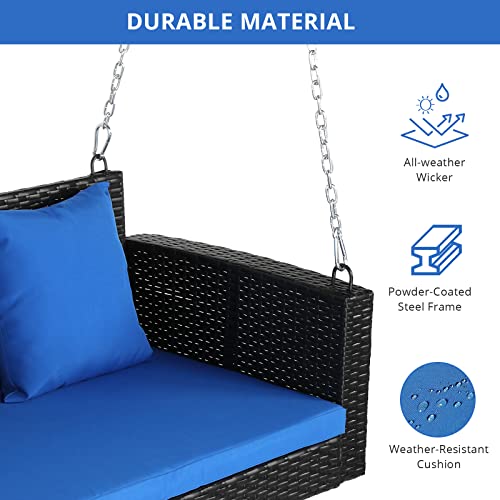 Outvita Porch Swing 2 Person Hanging Bench, Wicker Outdoor Swing Bench with Cushion and Pillow for Patio, Yard, Garden Hold Up to 800 lbs (Blue)