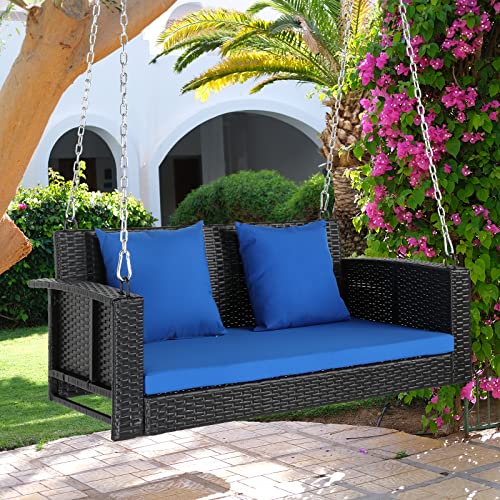 Outvita Porch Swing 2 Person Hanging Bench, Wicker Outdoor Swing Bench with Cushion and Pillow for Patio, Yard, Garden Hold Up to 800 lbs (Blue)