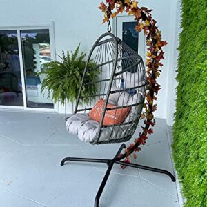 Wicker Ratten Swing Egg Chair with Stand Patio Hanging Basket Chair with Stand (Gray)