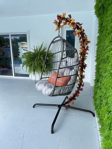 Wicker Ratten Swing Egg Chair with Stand Patio Hanging Basket Chair with Stand (Gray)