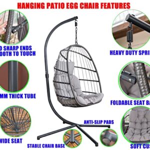 Wicker Ratten Swing Egg Chair with Stand Patio Hanging Basket Chair with Stand (Gray)