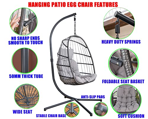 Wicker Ratten Swing Egg Chair with Stand Patio Hanging Basket Chair with Stand (Gray)