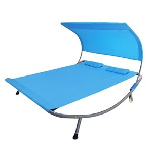 COVERCO Patio Double Chaise Lounge Bed with Canopy,Headrest Pillow and Wheels,Portable Outdoor Hammock Bed for Patio, Yard, Pool (Blue) 2