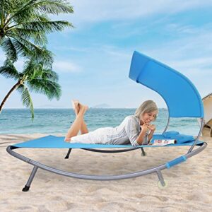 COVERCO Patio Double Chaise Lounge Bed with Canopy,Headrest Pillow and Wheels,Portable Outdoor Hammock Bed for Patio, Yard, Pool (Blue) 2