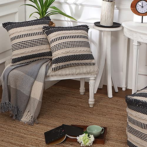 REDEARTH Boho Textured Throw Pillow -Cushion Covers Woven Tufted Decorative Farmhouse Cases set for couch, sofa, bed, chair, dining, patio, outdoor; 100% Cotton (18"x18", Precis Descant) Pack of 2