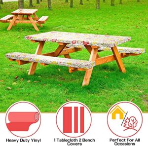 LINPRO 8ft Fitted Picnic Table Cover with Bench Covers. Vinyl Outdoor Camping Picnic Tablecloth, 3 Piece Set Camping Gear. Waterproof, Stain Resistant, Reusable. Flannel Backing with Elastic Edges.96