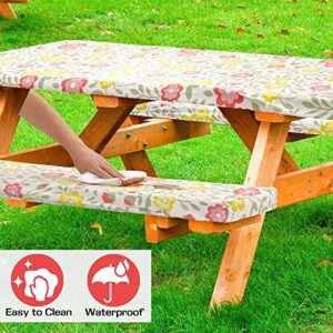 LINPRO 8ft Fitted Picnic Table Cover with Bench Covers. Vinyl Outdoor Camping Picnic Tablecloth, 3 Piece Set Camping Gear. Waterproof, Stain Resistant, Reusable. Flannel Backing with Elastic Edges.96