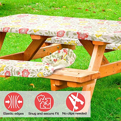 LINPRO 8ft Fitted Picnic Table Cover with Bench Covers. Vinyl Outdoor Camping Picnic Tablecloth, 3 Piece Set Camping Gear. Waterproof, Stain Resistant, Reusable. Flannel Backing with Elastic Edges.96