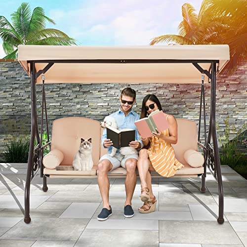 HOMREST 3 Seat Outdoor Porch Swing,Adjustable Canopy Porch Swings,Outdoor Swing with Stand, Patio Glider Chair with Thicken Cushions,Pillow & Cup Holder