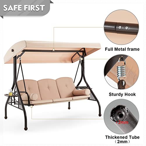 HOMREST 3 Seat Outdoor Porch Swing,Adjustable Canopy Porch Swings,Outdoor Swing with Stand, Patio Glider Chair with Thicken Cushions,Pillow & Cup Holder