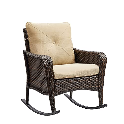 Rilyson Rocking Chair Outdoor，Patio Wicker Rocker Chair Porch Lawn Rocking Chair Deep Seating with Cushion (Brown/Beige)