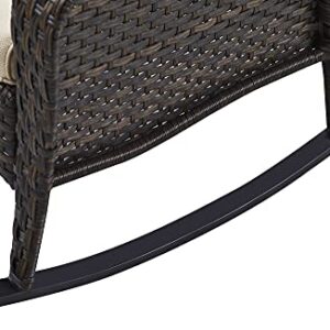 Rilyson Rocking Chair Outdoor，Patio Wicker Rocker Chair Porch Lawn Rocking Chair Deep Seating with Cushion (Brown/Beige)