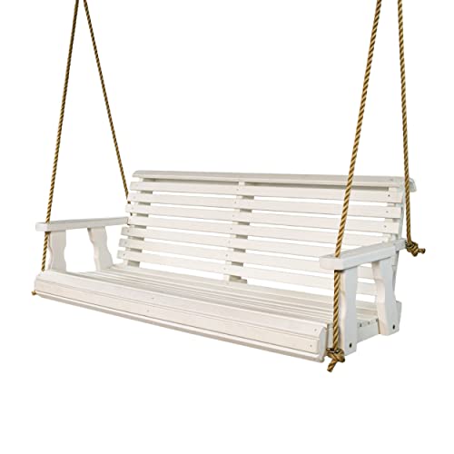 Amish Casual Heavy Duty 800 Lb Roll Back Treated Porch Swing with Hanging Ropes (5 Foot, Semi-Solid White Stain)