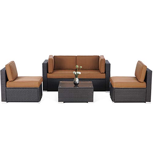 SUNCROWN 5-Piece Outdoor Patio Furniture Sofa Set All-Weather Wicker Sectional Sofa Couch Conversation Sets with Washable Cushions and Coffee Table (Brown)