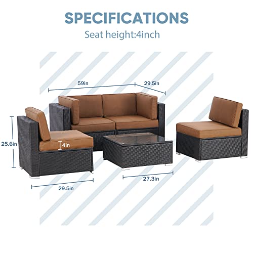 SUNCROWN 5-Piece Outdoor Patio Furniture Sofa Set All-Weather Wicker Sectional Sofa Couch Conversation Sets with Washable Cushions and Coffee Table (Brown)