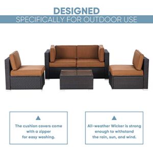 SUNCROWN 5-Piece Outdoor Patio Furniture Sofa Set All-Weather Wicker Sectional Sofa Couch Conversation Sets with Washable Cushions and Coffee Table (Brown)