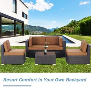 SUNCROWN 5-Piece Outdoor Patio Furniture Sofa Set All-Weather Wicker Sectional Sofa Couch Conversation Sets with Washable Cushions and Coffee Table (Brown)