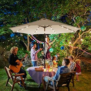 Sun-Ray 811001 9' Round 8-Rib Solar Lighted Patio Umbrella, 32 LED Lights, Push Button Tilt and Crank, Steel Frame, Taupe