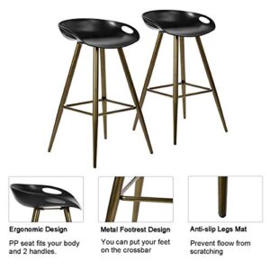 Set of 2 Bar Stools, 32.3-inch Simple Modern Style High Counter Stool with Low Backrest & Footrest & Metal Legs & PP Seat for Kitchen Patio Balcony, Black & Bronze