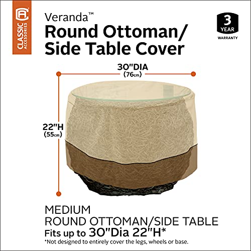 Classic Accessories Veranda Water-Resistant 30 Inch Round Patio Ottoman/Coffee Table Cover, Outdoor Ottoman Cover, Pebble/Bark/Earth