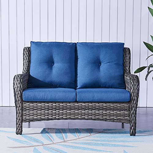 Rilyson Outdoor Loveseat Wicker Patio Sofa - 2-Seat Rattan Outdoor Couch Patio Furniture with Deep Seating and Cushions for Porch Deck Balcony(Mixed Grey/Blue)